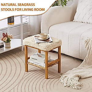 Cpintltr Foot Stool Natural Seagrass Hand Weave Poufs Square Ottoman Bench Modern Dressing Stool Small Stool Side Table Footstool with Wood Legs Vanity Stool for Bathroom Living Room Natural White