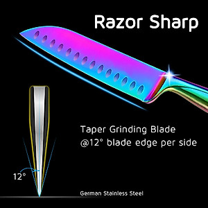 Santoku Knife 7 Inch WELLSTAR, Super Sharp German Steel Kitchen Cooking Knife with Comfortable Handle and Rainbow Titanium Coating for Chopping Slicing Dicing and Mincing of Meat Vegetables and Fruits