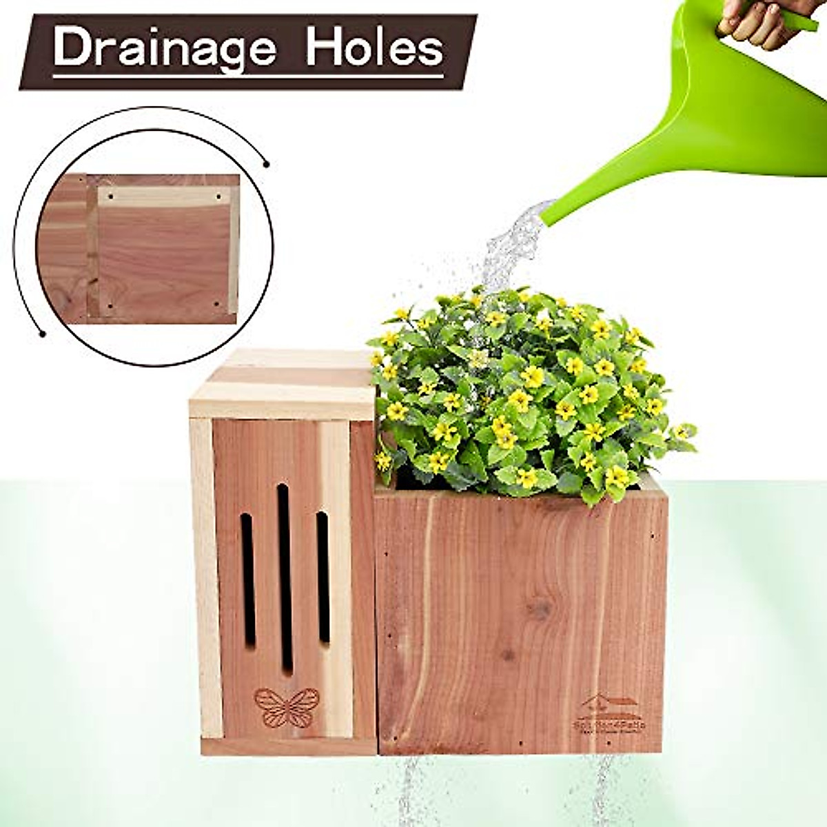 Solution4Patio USA Cedar Butterfly House & Flower Pot 2 in 1 Combination Multifunctional Design with Drainage Holes, 9.2 in. L x 5.7 in. W x 8.0 in. H #B309A00