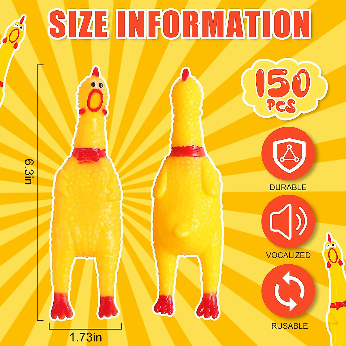 Libima 150 Pcs 6.3 Inch Screaming Rubber Chicken Toy Bulk, Mini Squeeze Rubber Chicken Small Squeak Toys, Prank Novelty Noise Toy for Pet Chew Party Gifts Reduce Separation Anxiety(Yellow)