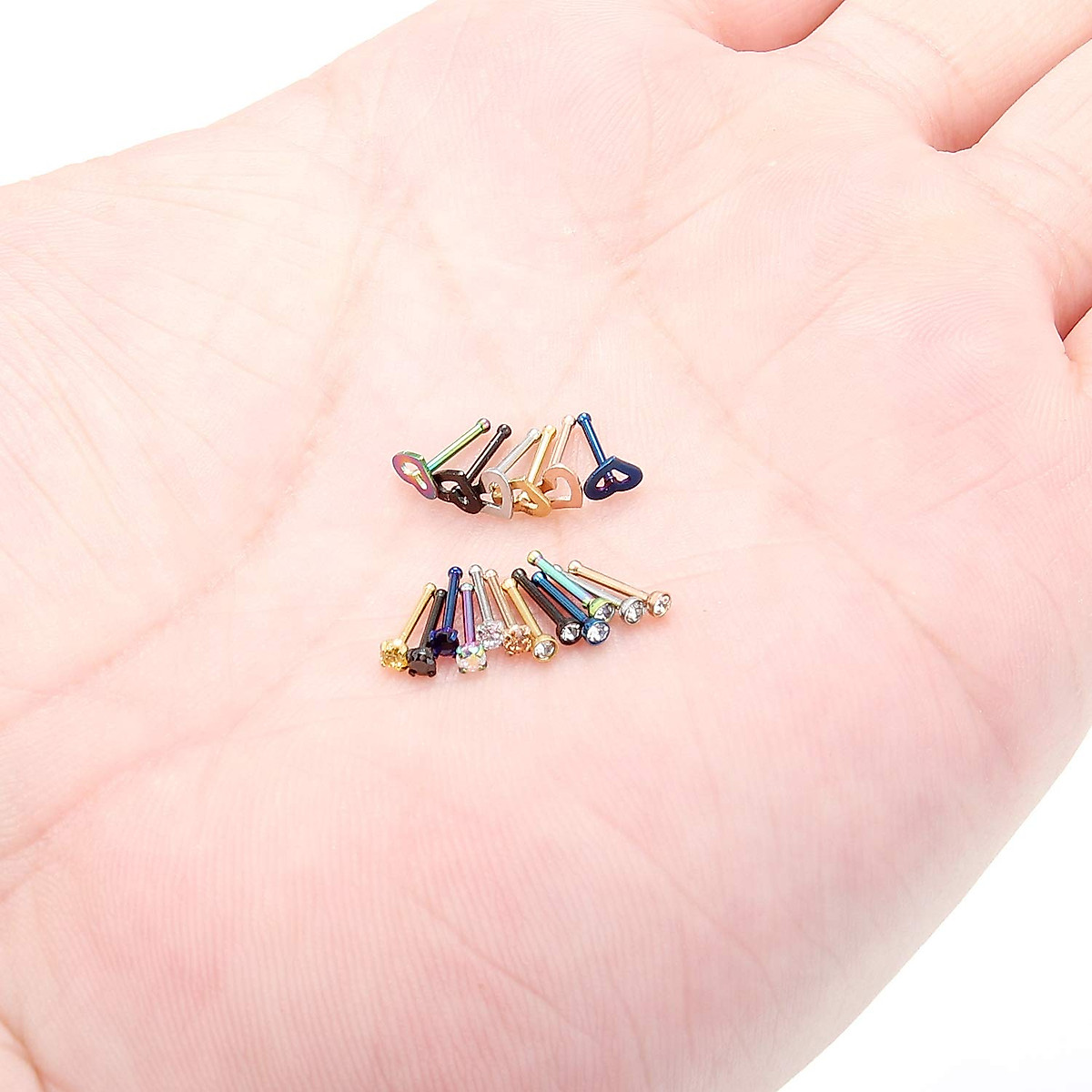 SCERRING 20G 18PCS Stainless Steel Heart Bone Nose Stud Rings Piercing Jewelry 2mm Cubic Zirconia