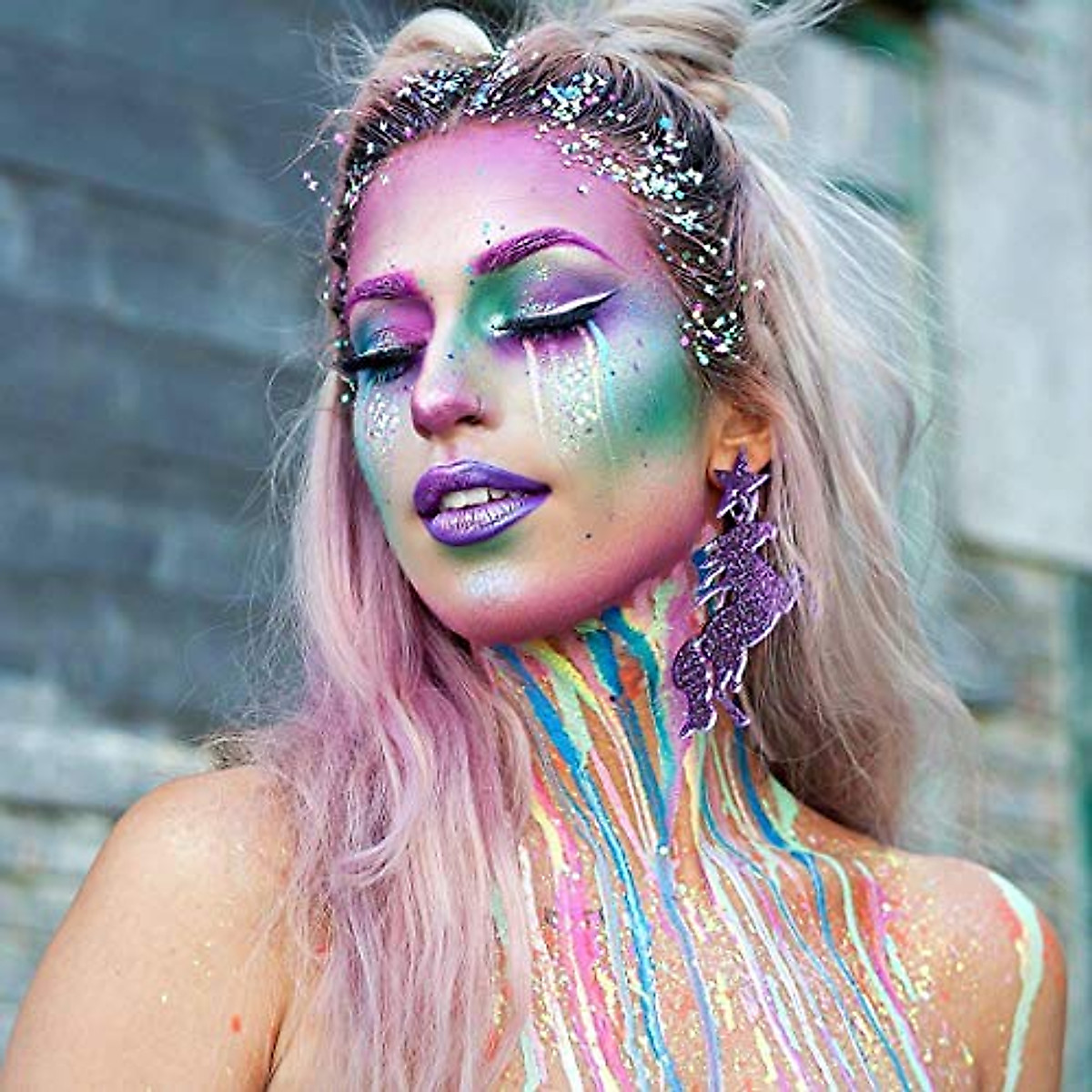 Unicorn Iridescent Holographic Chunky Glitter Cosmetic Body Hair Face Eye Nail for Festival Carnival Concert Party Beauty Rave Accessories Different Shapes 2 Pots 14g/0.5oz+ Quick Dry Primer Glue Gel
