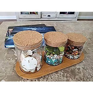 SplashSoup Glass Jar Set on Bamboo Tray, Natural Cork Lids, Bath Item Qtip Cotton Ball Canisters, Seasonal Display Decor, Centerpiece