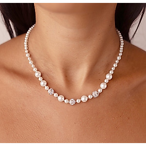 Mariell Pearl Necklace for Brides with Rhinestone Crystal Fireball Accents, 20", Bridal & Wedding Jewelry