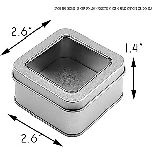 Cornucopia Square Silver Metal Tins w/View Window (12-Pack); Empty 1/2 Cup / 4-Ounce Capacity Clear Top Metal Boxes Great for Candles, Candies, Gifts