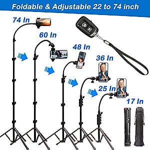 Tall Cell Phone Tripod, Phone Floor Video Tripod, Adjustable Gooseneck Phone Tripod with Carry Bag, 360 Swivel Head, Phone Clamp for iPhone16 /Pro/Pro Max/Plus/15/14/13/12/11, S22 S21