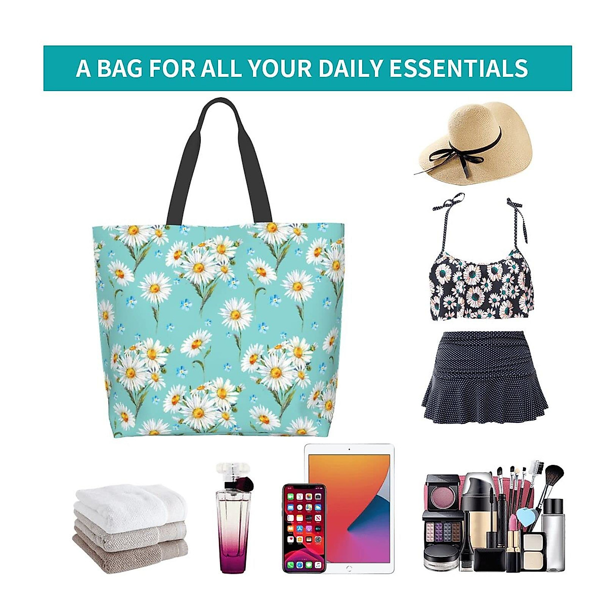 Majoug Daisy Tote Bags Women Large Capacity Shoulder Grocery Shopping Bags Travel Beach Bag