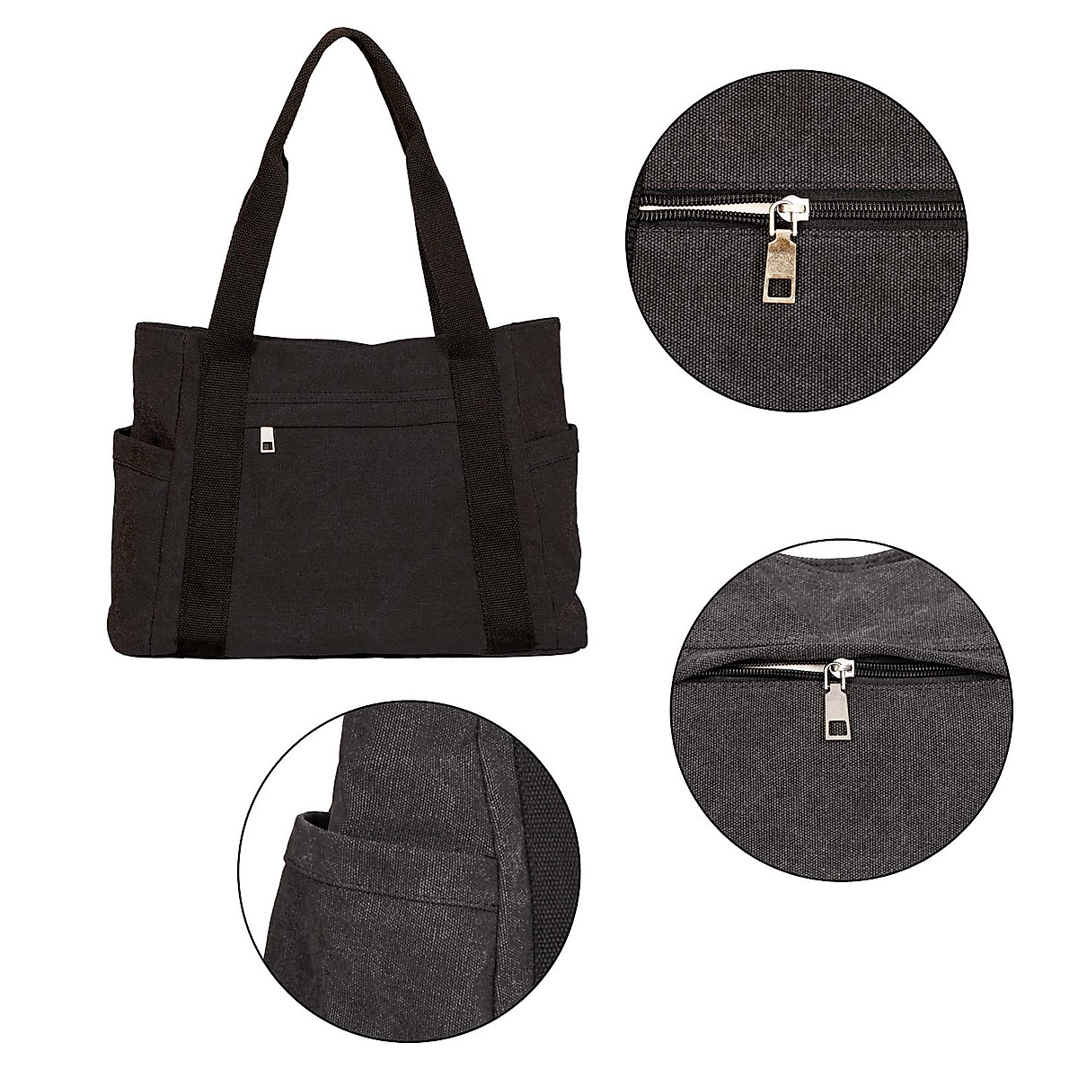 YHSHYZH Black Tote Bags for Women, Canvas Work Bags, Medium Beach Bag with Zipper, Teacher Shoulder Bag, Everything Purses for Women Gifts Trendy (Medium, Black) …