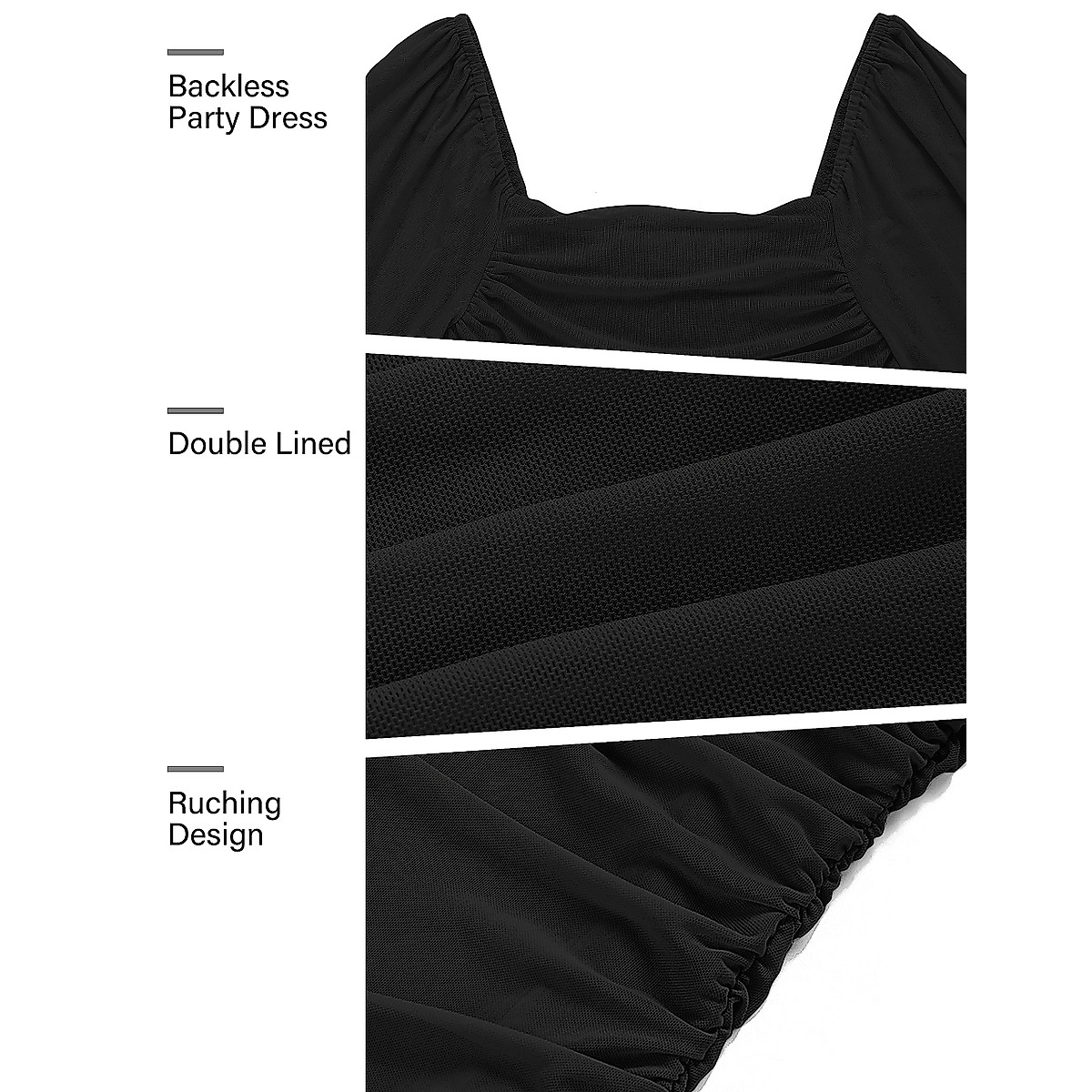 MEROKEETY Women's Long Puff Sleeve Ruched Bodycon Dress Square Neck Mesh Cocktail Party Midi Dresses,Black,M