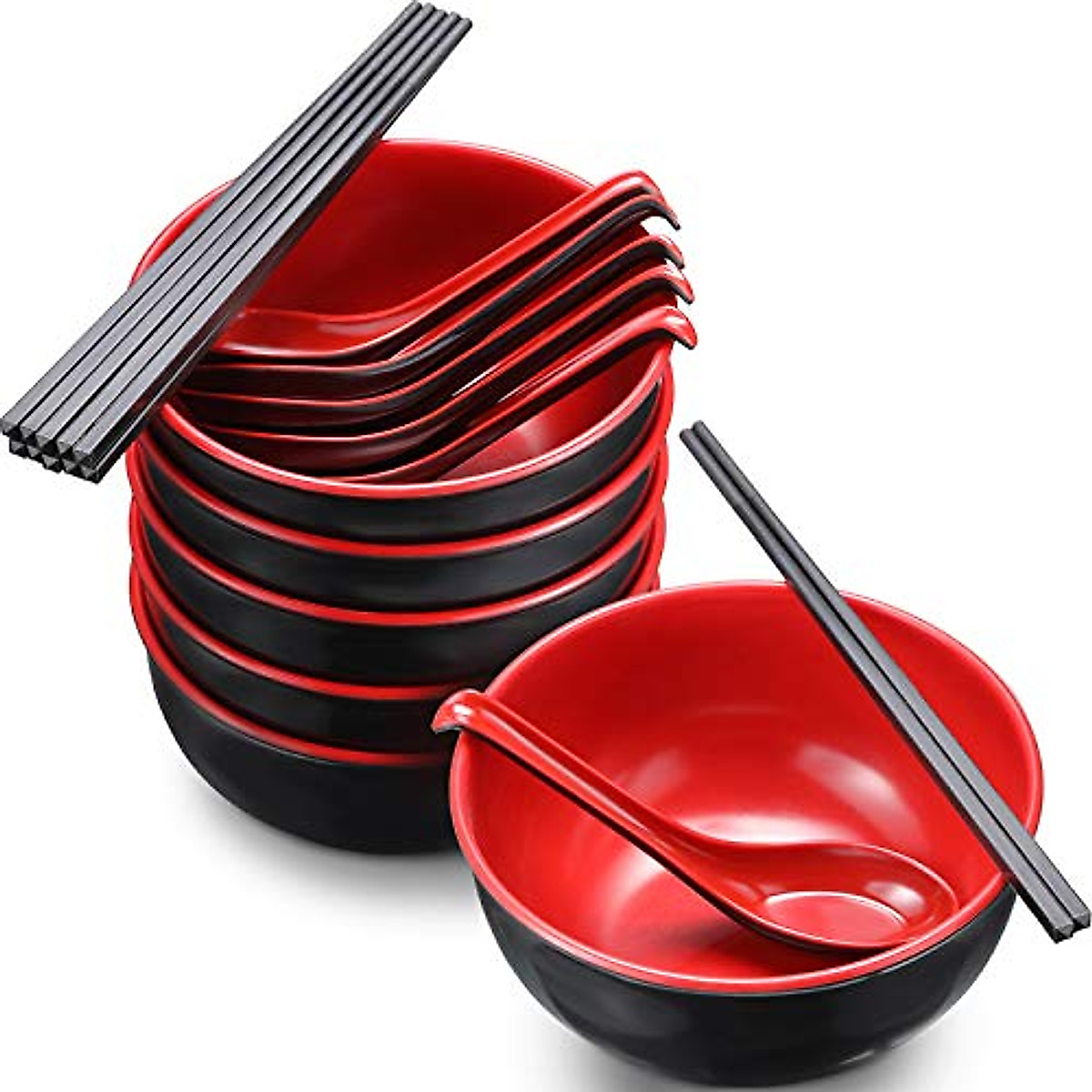 6 Sets 37 oz Large Ramen Bowl Set with Spoons Chopsticks, Asian, Chinese, Japanese or Pho Melamine Soup Bowl, Complete Dinnerware for Pho, Udon, Soup and Asian Cuisines