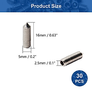 MroMax 30Pcs M5 x 16mm Tip Set Screw, 304 Stainless Steel Internal Hex Allen Head Drive Cup Point Screws Silver Cone Point Socket Grub Screws for Towel Rack Door Knob