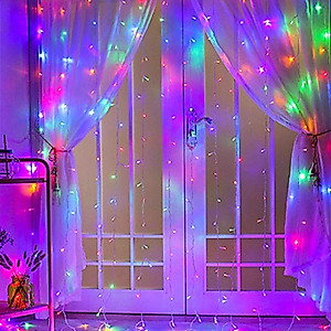 Solar Curtain String Lights Outdoor, AMZSTAR Waterproof 300LED Fairy Window String Lights Twinkle Solar Lights 8 Modes Wedding Party Home Garden Bedroom Outdoor Indoor Wall Decorations (Multicolor)