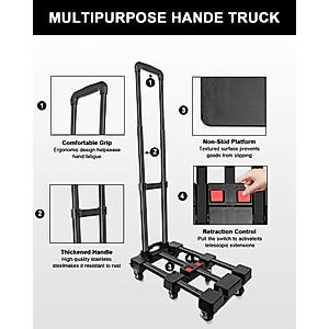 SERVOMASTER Folding Hand Truck, Hand Truck Dolly 500 LB Heavy Duty, Foldable Luggage Cart with 6 Wheels and 2 Elastic Cords with Adjustable Handle for Luggage, Travel, Shopping, Office Moving, Black