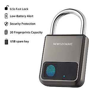 Fingerprint Padlock, Smart Padlock with USB Charging Support, Fingerprint Lock, Biometric Lock Suitable for Luggage, Bookcase, Suitcase, Backpack, Bike, School Locker, Gym Locker Lock(Gray)