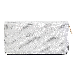 Premium Glitter Fabric Bling Continental Zip Around Wallet, Silver