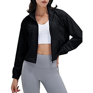 UANEO Womens Athletic Cropped Jacket Zip Up Long Sleeve Workout Tops Gym Yoga Running Sports Shirts Jackets(Black-M)