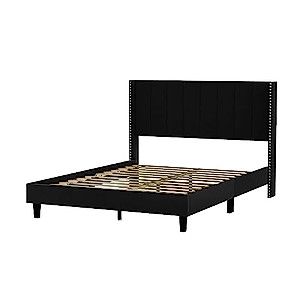 Upholstered Queen Size Platform Bed Frame with Headboard, Tufted Platform Bed Frame with Wooden Slats Support, No Box Spring Needed and Easy Assembly for Bedroom Living Room Small Space (Black)