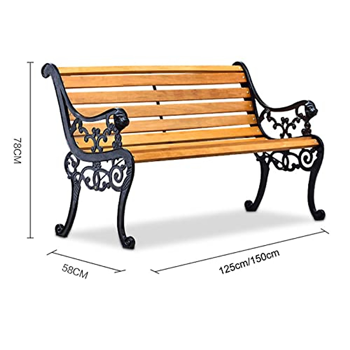ManiCrown Patio Garden Bench，Outdoor Preservative Wood Park Bench Porch Bench Chair with Rust Resistant Cast Iron Frame,Porch Bench with backrest and armrests Slatted Seat, for Lawn/Poolside