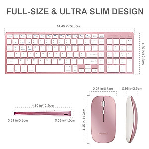 Wireless Keyboard Mouse Combo, Haricset Rechargeable Full-Size Silent Slim Dual-Mode(BT3.0+BT5.0+2.4G) Multi-Device Bluetooth Keyboard Set, 3 Level DPI Mouse,for Windows/Android/Mac OS/iOS (Rose Gold)