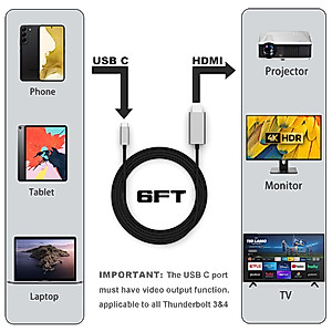 USB C to HDMI Cable 4k 6ft, USBC to HDMI Adapter for Monitor, HDMI to USB C Connector ChromeBook, USB-C to HDMI Cord for Mac MacBook pro 2022 iPad 2021 Surface Pro 8 VivoBook Flip 14 Aspire 5 etc