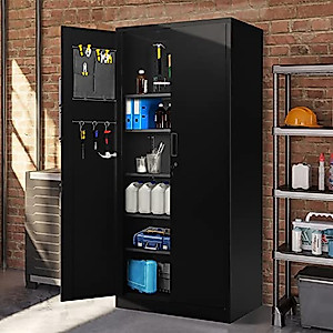INTERGREAT 6-Tier Metal Garage Cabinet with Locking Door,Tall Muti-Functional Lockable Storage Cabinet with Lock and Pegboard,Black Steel Tool Cabinets with 5 Adjustable Shelves