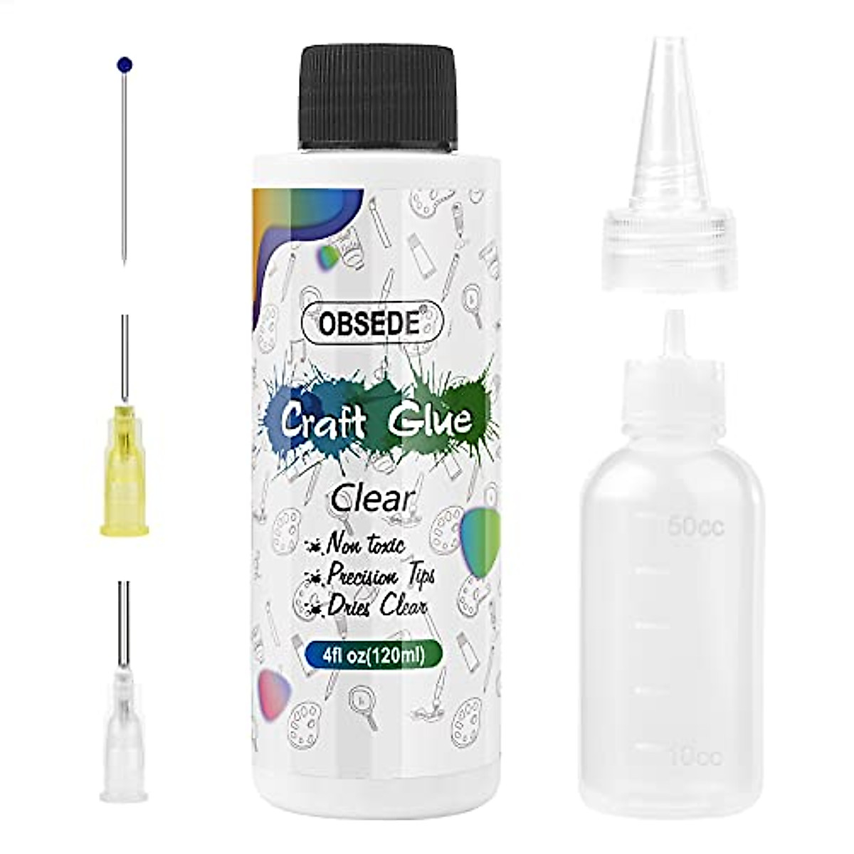 OBSEDE Craft Glue Dries Clear Art Adhesive 4fl oz/120ml with Fine Metal Tip Bottle Applicator Kit for DIY Crafts Glitter Paper Card Decoupage Scrapbooking