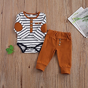 2Pcs/Set Newborn Baby Boys Outfit Long Sleeve Striped Bodysuit Romper Solid Pants Fall Winter Clothes (Khaki, 0-3 Months)