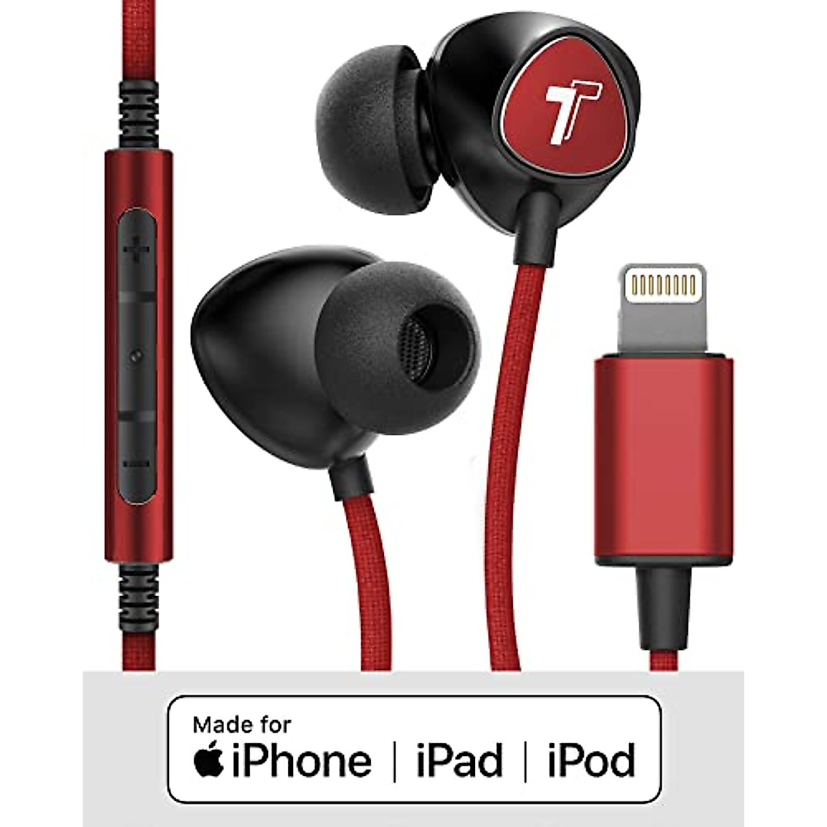 Thore iPhone Earphones (Apple MFi Certified) V110 in Ear Braided Wired Lightning Earbuds (Sweat/Water Resistant) Headphones with Mic/Volume Remote for iPhone 12/13/14 Pro Max - Red