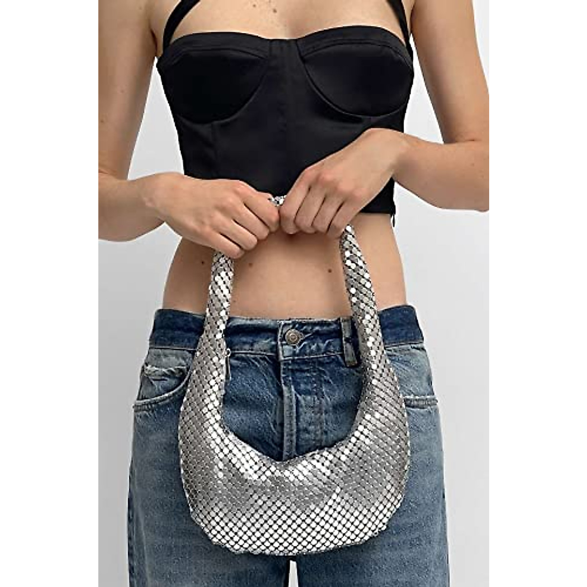 Rejollly Sequins Purse Sparkly Bling Hobo Handbag Under Arm Clutch Purse for Women Evening Bag for Prom Cocktail Party Wedding Silver