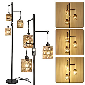 Stepeak Rattan Floor Lamp, 3-Lights Boho Floor Lamp with Stepless Dimmer, 65" Farmhouse Rustic Floor Lamps for Living Room, Tall Tree Floor Lamp with Rattan Shades, Dimmable Standing Lamp for Bedroom