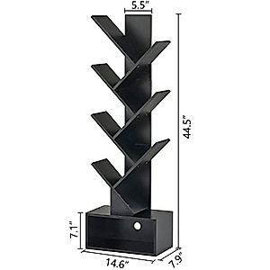 Hoctieon 6 Tier Tree Bookshelf, 6 Shelf Bookcase with Drawer, Free Standing Tree Bookcase, Display Floor Standing Shelf for Books, Book Organizer Shelves for Home Office, Black