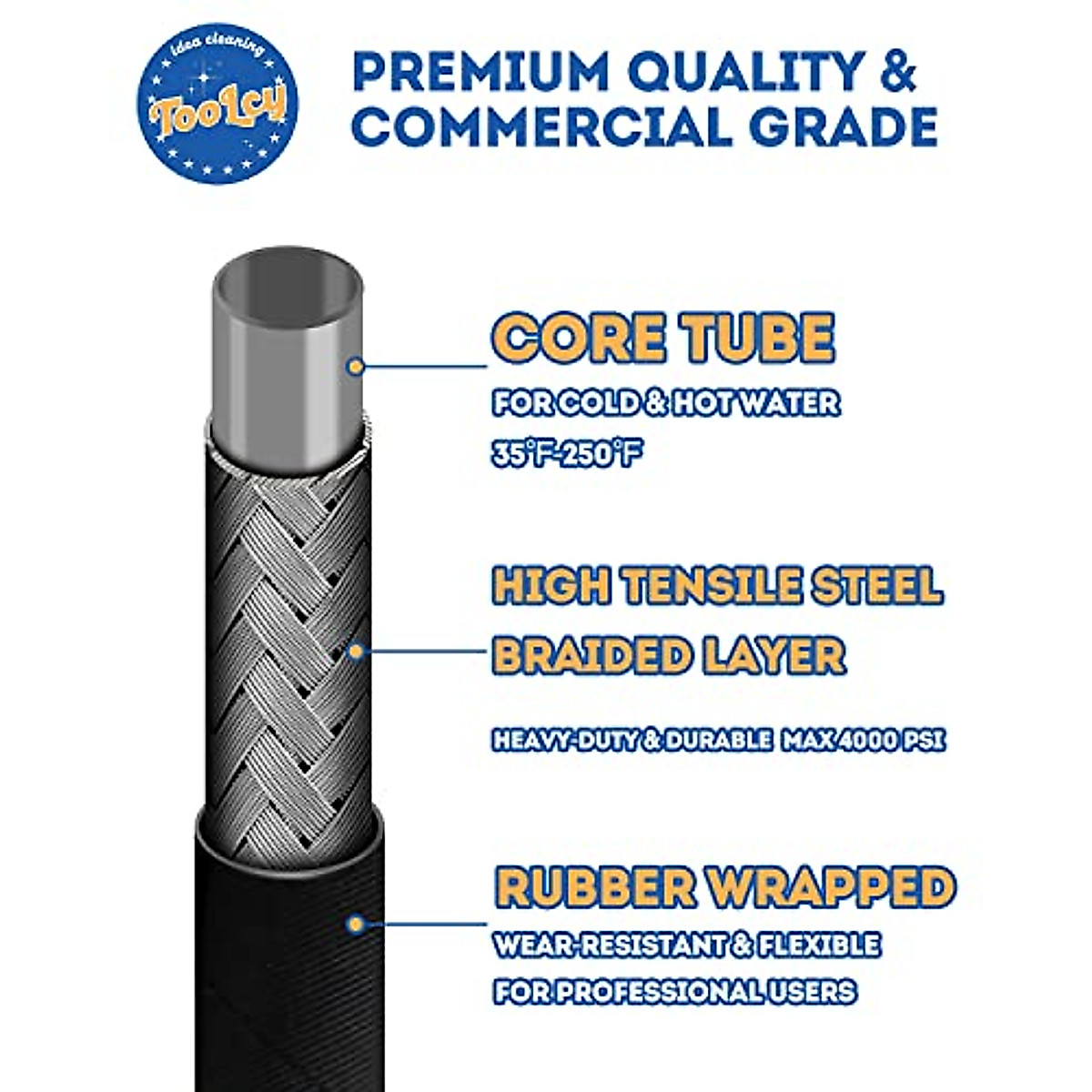 TOOLCY 3/8" Pressure Washer Hose 4000 PSI X 50 FT, Stainless 3/8" Swivel QC Kink Resistant, 250℉ Hot Water Compatible Steel Wire Braided & Rubber Jacket, Easy Loading 3/8" NPT X M22-14mm Adapter Kits