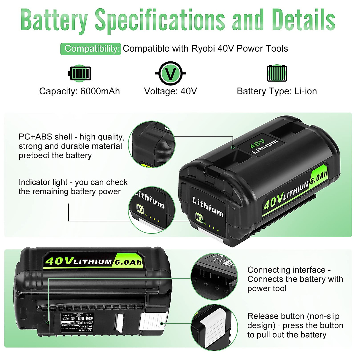 HUSUE 40V 6.0Ah Replacement Battery for Ryobi 40V Battery, Li-ion Battery Compatible with Ryobi 40V OP4015 OP40201 OP40261 OP40301 OP40401 OP40601 OP4026 OP4060 OP4026A Cordless Power Tools Battery