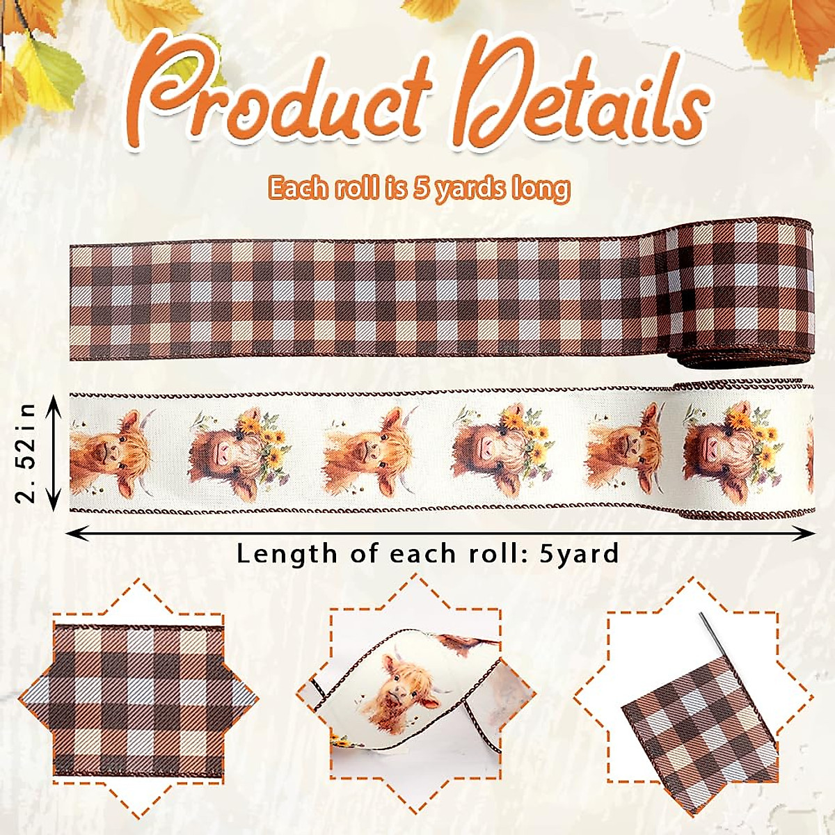 Estivaux 2 Rolls Alpine Cattle Ribbons for Crafting, Spring Wired Edge Ribbon Natural Buffalo Plaid Ribbon Bow Autumn Calf Farmhouse Ribbon for Gift Wrapping Birthday Wedding Decorations Supplies