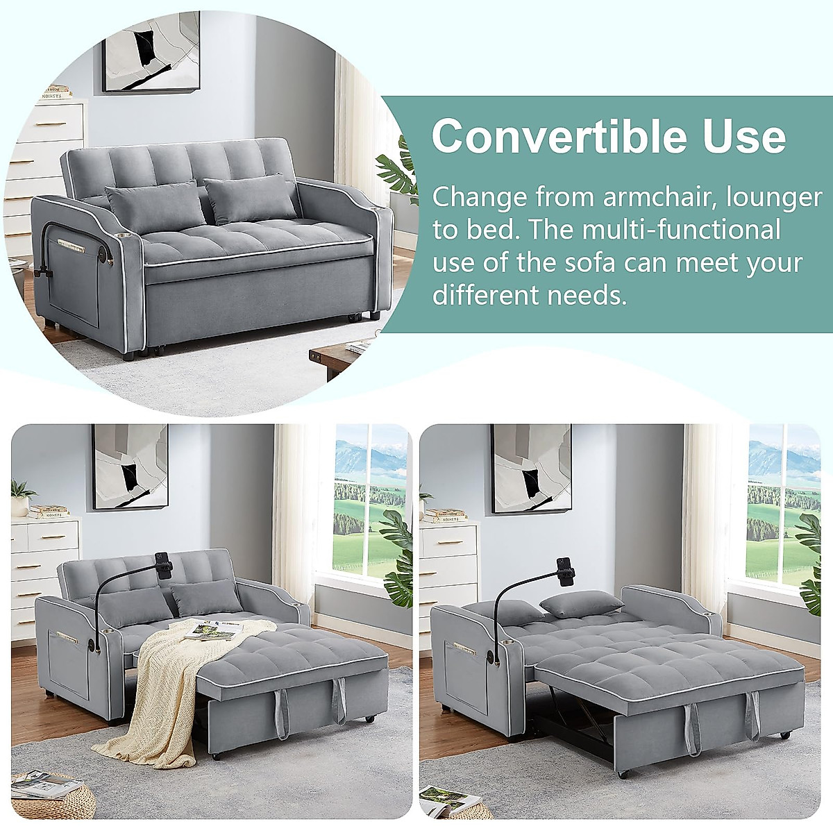 Lakifun Convertible Sleeper Sofa Bed, Modern Velvet Loveseat w/Pull Out Couch, 54.7" Loveseats Sofa w/Adjsutable Backrest, Cup Holders and USB Port, Swivel Phone Stand,Grey