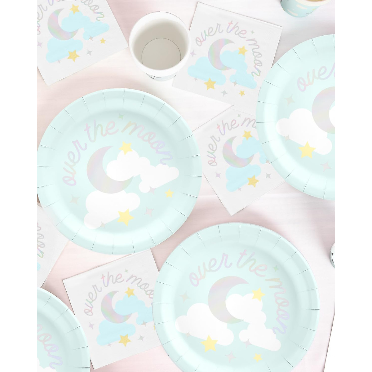 xo, Fetti Over the Moon Paper Plates - 25 pcs | Blue Baby Shower Decoration, Gender Reveal Party Tablescape, Mom to Be Dinner Setting, Birthday Decor