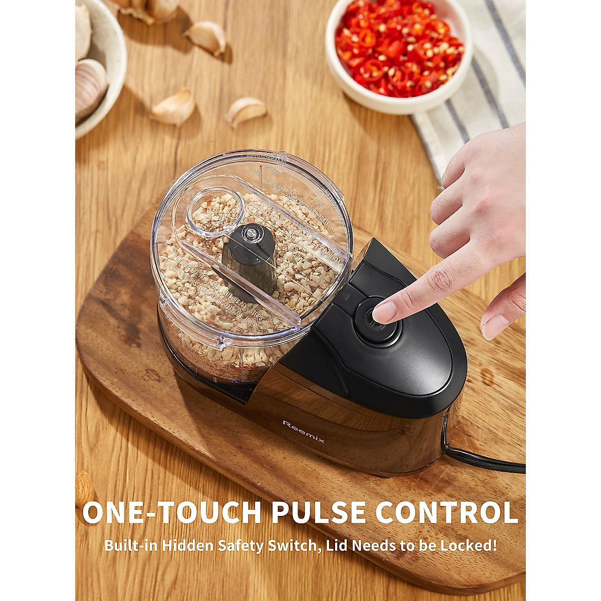 Reemix 1.5-Cup One-Touch Electric Food Chopper, 100W Mini Food Processor Meat Grinder, Mix, Chop, Mince and Blend Vegetables, Fruits, Nuts, Meats, Stainless Steel Blade (Black)