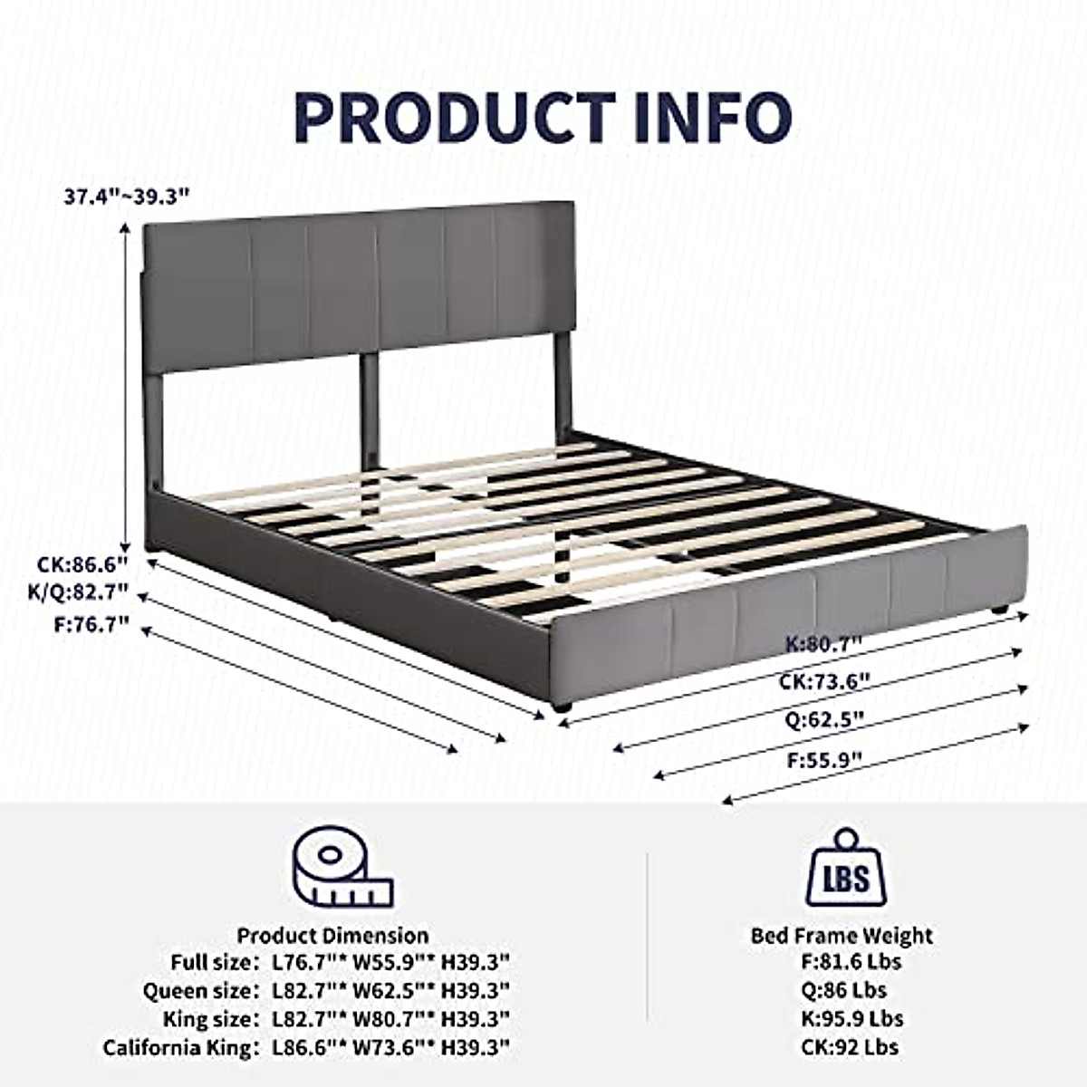 ZAFLY Platform King Size Bed Frame with Adjustable Headboard,Upholstered Cal King Bed Frame with 4 Storage Drawers,Wooden Slats Support,No Box Spring Needed (Dark Grey)