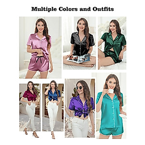 Lanyoshe Silk Pajamas for Women Satin Womens PJ Set 2 Piece Short Lounge Set Summer Sleepwear Notch Collar Button-Down Night Wear (Purple, M)