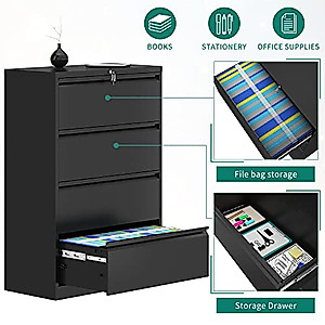 YITAHOME Lateral Filing Cabinet with Lock, 4 Drawer Metal Stainless Steel Wide Lateral File Cabinet for Legal/Letter A4 Size, Office Organizer Storage Cabinet (Black)