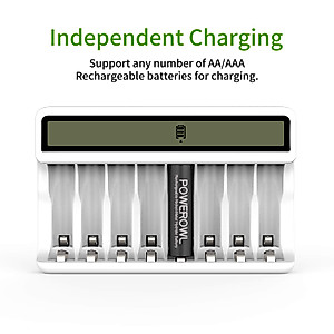 POWEROWL 8 Bay AA AAA Battery Charger with LCD Display (USB Quick Charging, Independent Slot) for Ni-MH Ni-CD Rechargeable Batteries