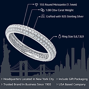 Gem Stone King 925 Sterling Silver White Moissanite Ring | 3 Rows Micro Pave Wedding Stackable Eternity Band For Women | 1.08 Cttw | Available In Size 5, 6, 7, 8, 9