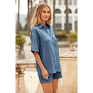 PRETTYGARDEN Women's 2 Piece Satin Pajama Sets Short Sleeve Button Down Tops And Shorts Set 2023 Summer Pjs Silk Sleepwear (Grey Blue,X-Large)