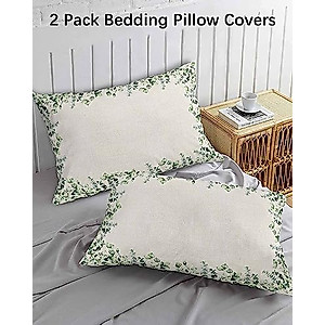 Spring Floral Pillow Covers Standard Size Set of 2 Bed Pillow, Rustic Green Botanical Summer Tropical Plants Plush Soft Comfort for Hair/ Skin Cooling Pillowcases with Envelop Closure 20''x26''