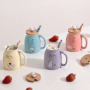 SHENDONG 2 Pack Cat Mugs Cute Ceramic Coffee Cups Set of 2 with Kawaii Bamboo Lid and Spoon Novelty Morning Cup Coffee Milk Tea Mugs - 3d Animal Cat Mugs for Cat Lovers Women Gifts(Blue and Red)