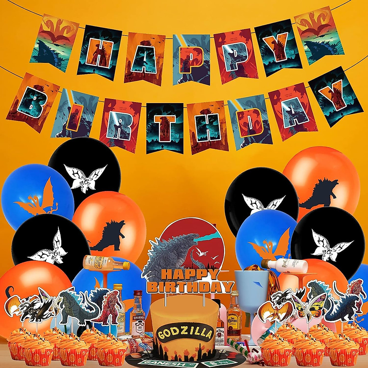 Birthday Party Decorations 44PCS Dinosaur Movie Party Supplies Including 1PC Long Banner, 1PC Huge Happy Birthday Cake Topper, 24PCS Cupcake Toppers, 18PCS Balloons for Kids