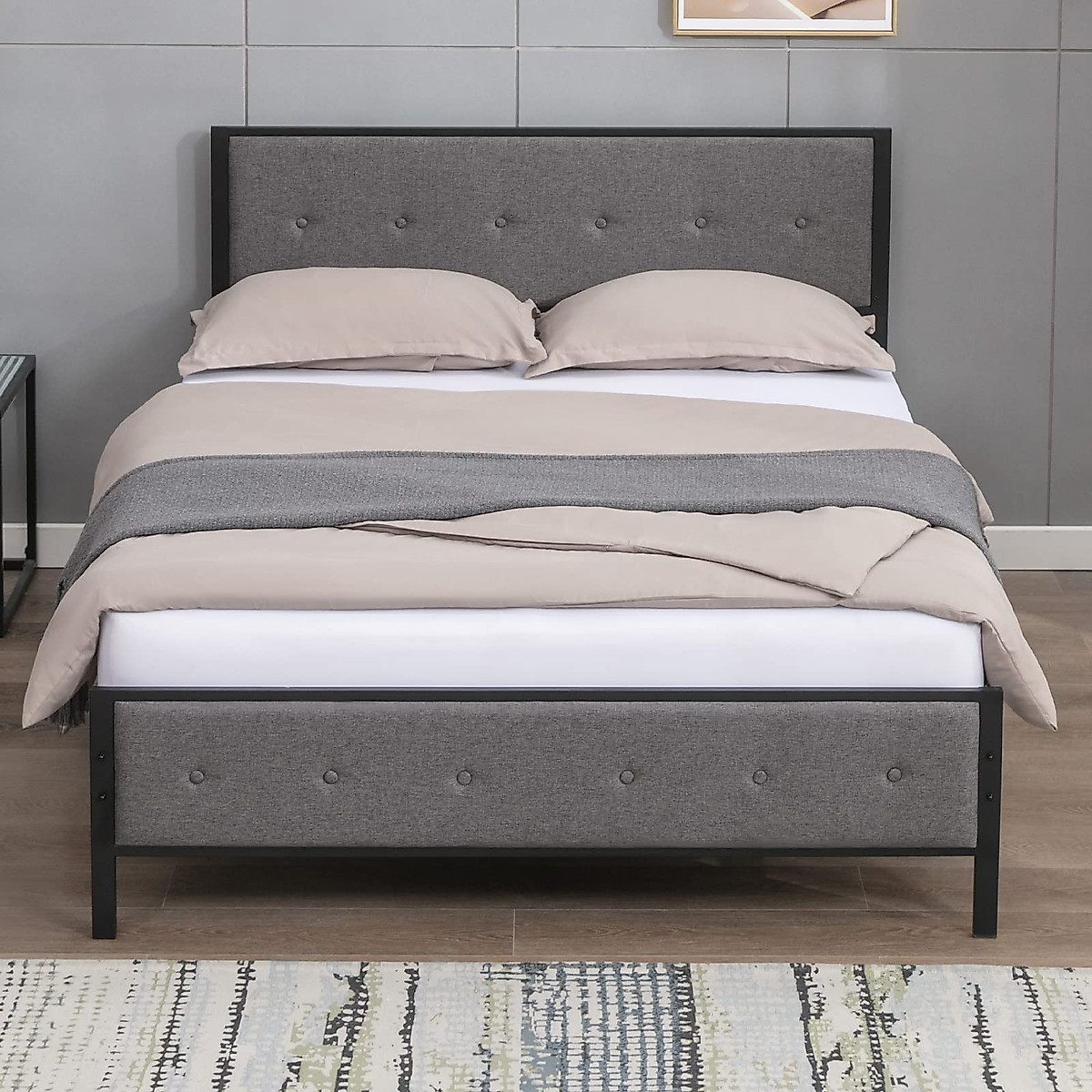 Mixoy Cal King Size Modern Metal Bed Frame with Linen Headboard, Platform Bed with Metal Slat Support, Noise Free, No Box Spring Needed(Cal King/Dark Grey)