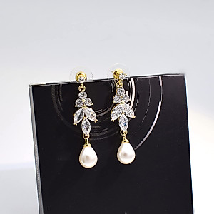 UDORA Women Zirconia Teardrop Pearl Long Dangle Earrings Bridal Bridesmaid Wedding Gifts (Gold)