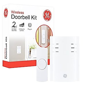 GE Wireless Doorbell Kit, Plug-In Receiver, 1 Push Buttons Door Bell, 2 Melodies Doorbell Chime, 4 Volume Levels, Classroom Doorbell, 150 Ft Range, White, 19298