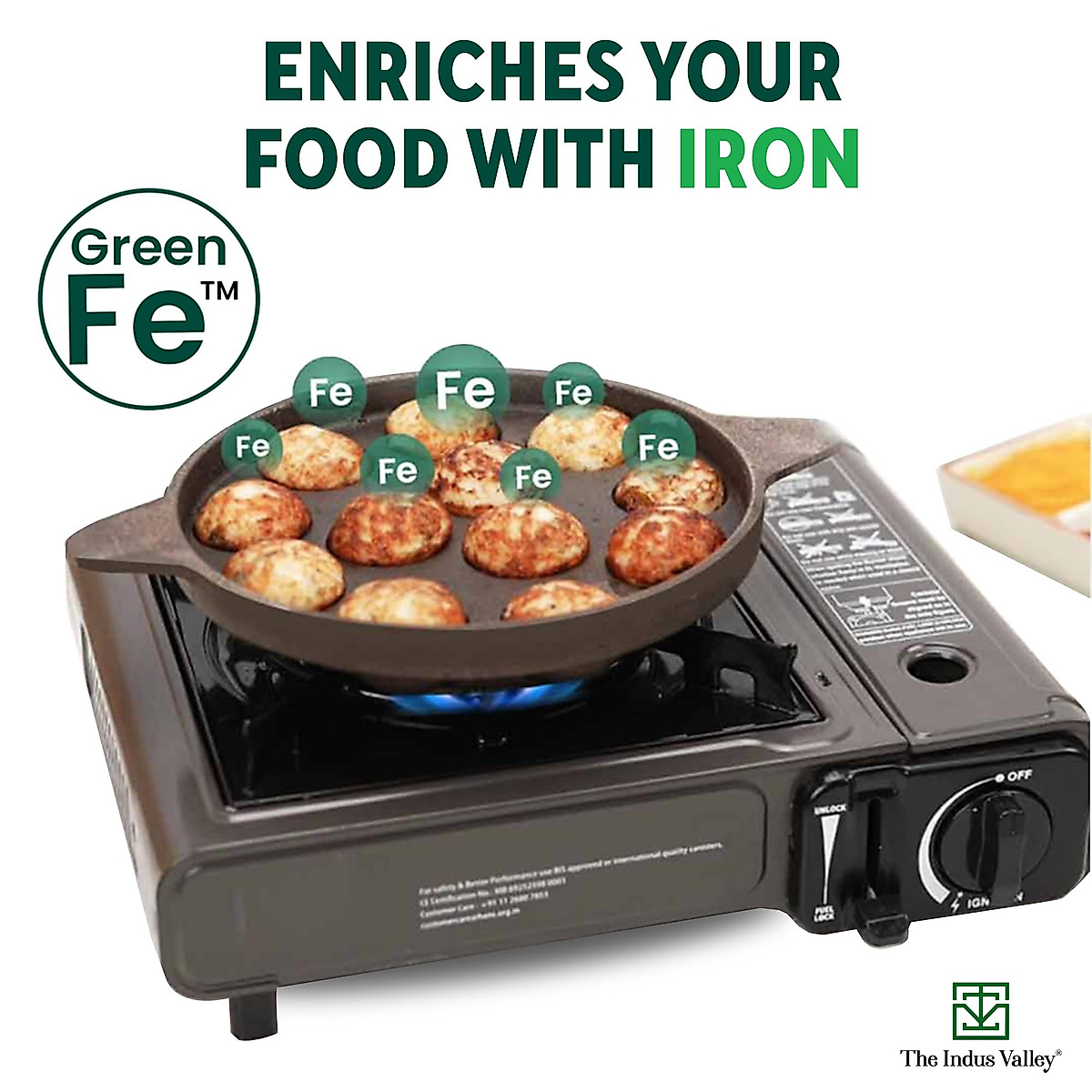 The Indus Valley Pre-Seasoned Cast Iron Paniyaram Pan (12 Pits - Twin Handle),Black